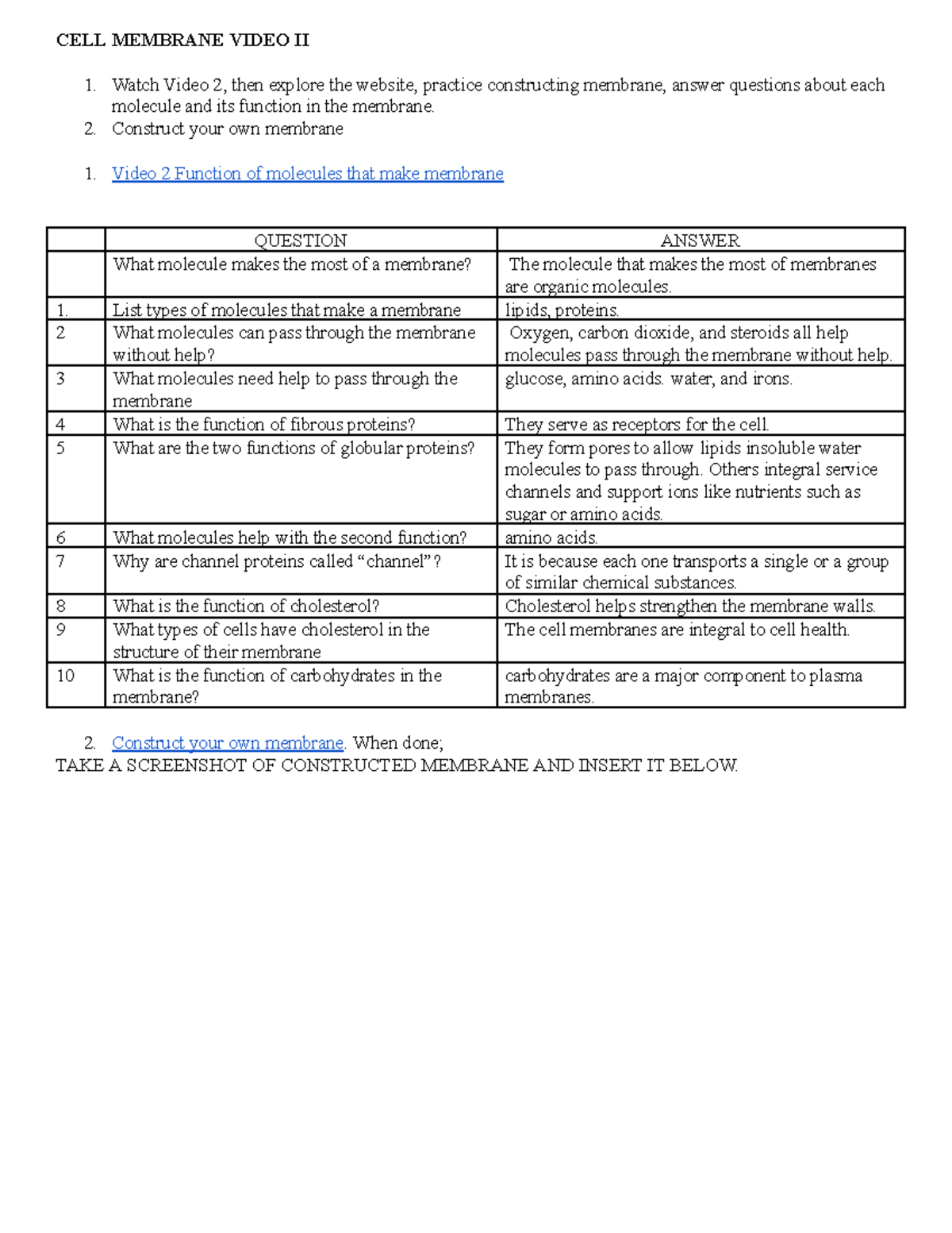 3.2c Membrane structure video II questions - CELL MEMBRANE VIDEO II ...