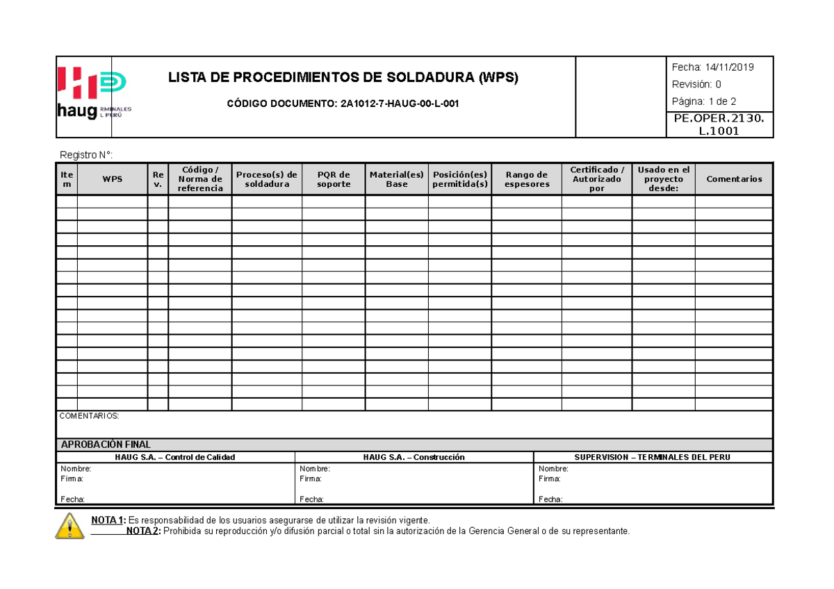 PE OPER 2130 L 001 Lista WPSs Rev - LISTA DE PROCEDIMIENTOS DE ...