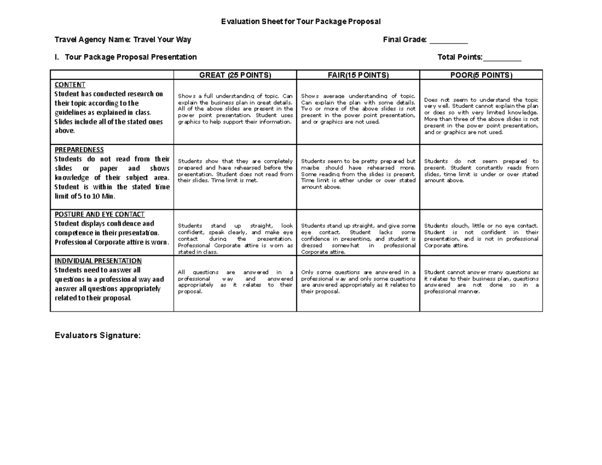 Motin Evaluation Sheet for Tour Package Proposal - Evaluation Sheet for ...