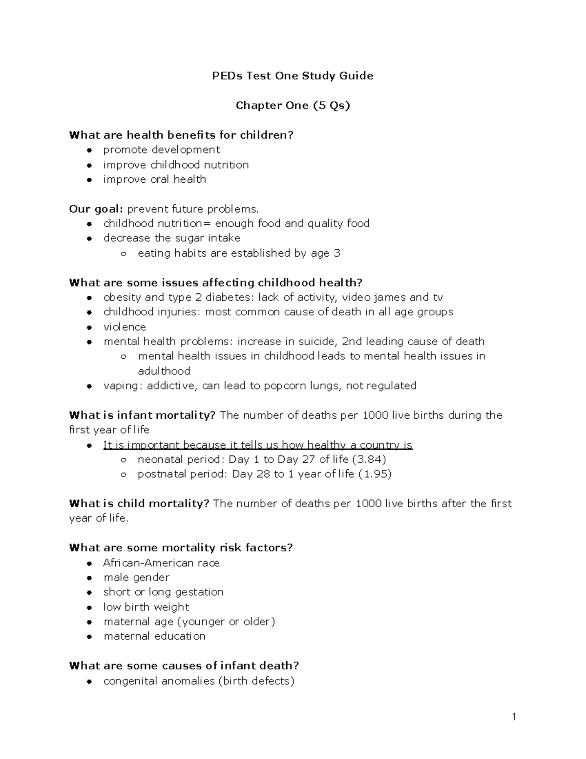 PEDs Test One Study Guide - PEDs Test One Study Guide Chapter One (5 Qs ...