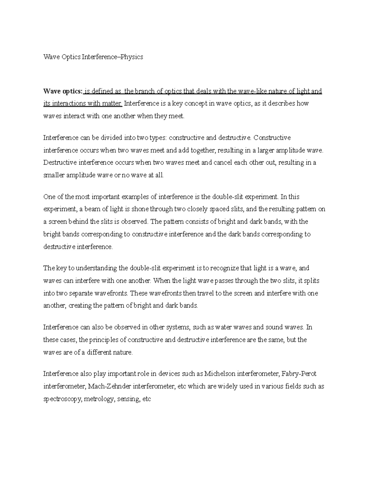 Wave Optics (interference) - Wave Optics Interference–Physics Wave ...