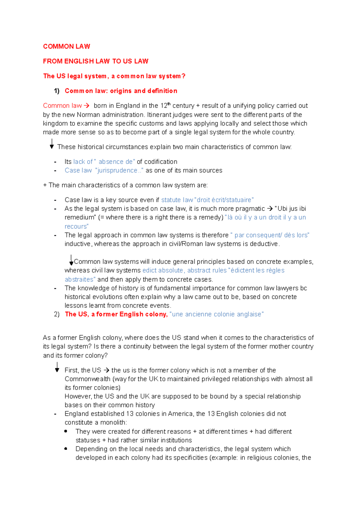 Fiche Common LAW - COMMON LAW FROM ENGLISH LAW TO US LAW The US legal ...