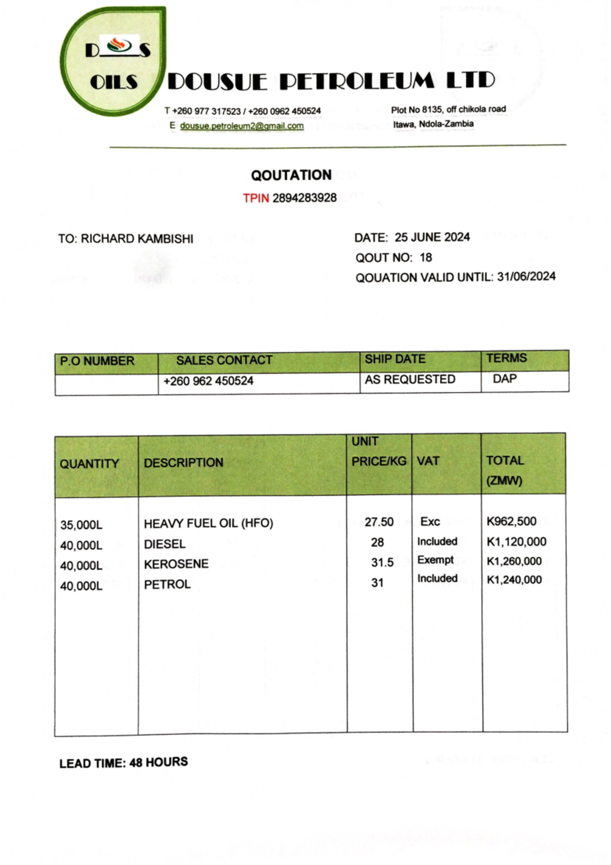 Richard Kambishi Quotation - D OILS DOUSUE PETROLEUM LTD T 977 317523 ...