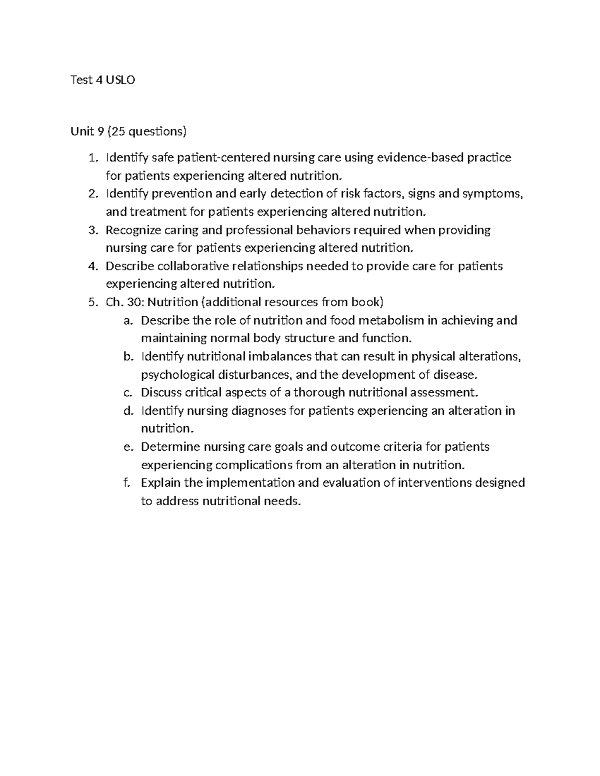 Test 4 USLO - NANA - Test 4 USLO Unit 9 (25 questions) 1. Identify safe ...