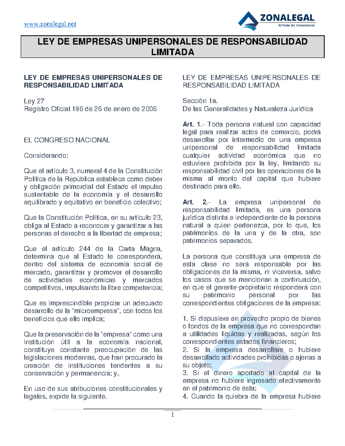 16.3. LEY DE Empresas Unipersonales DE Responsabilidad Limitada - LEY ...