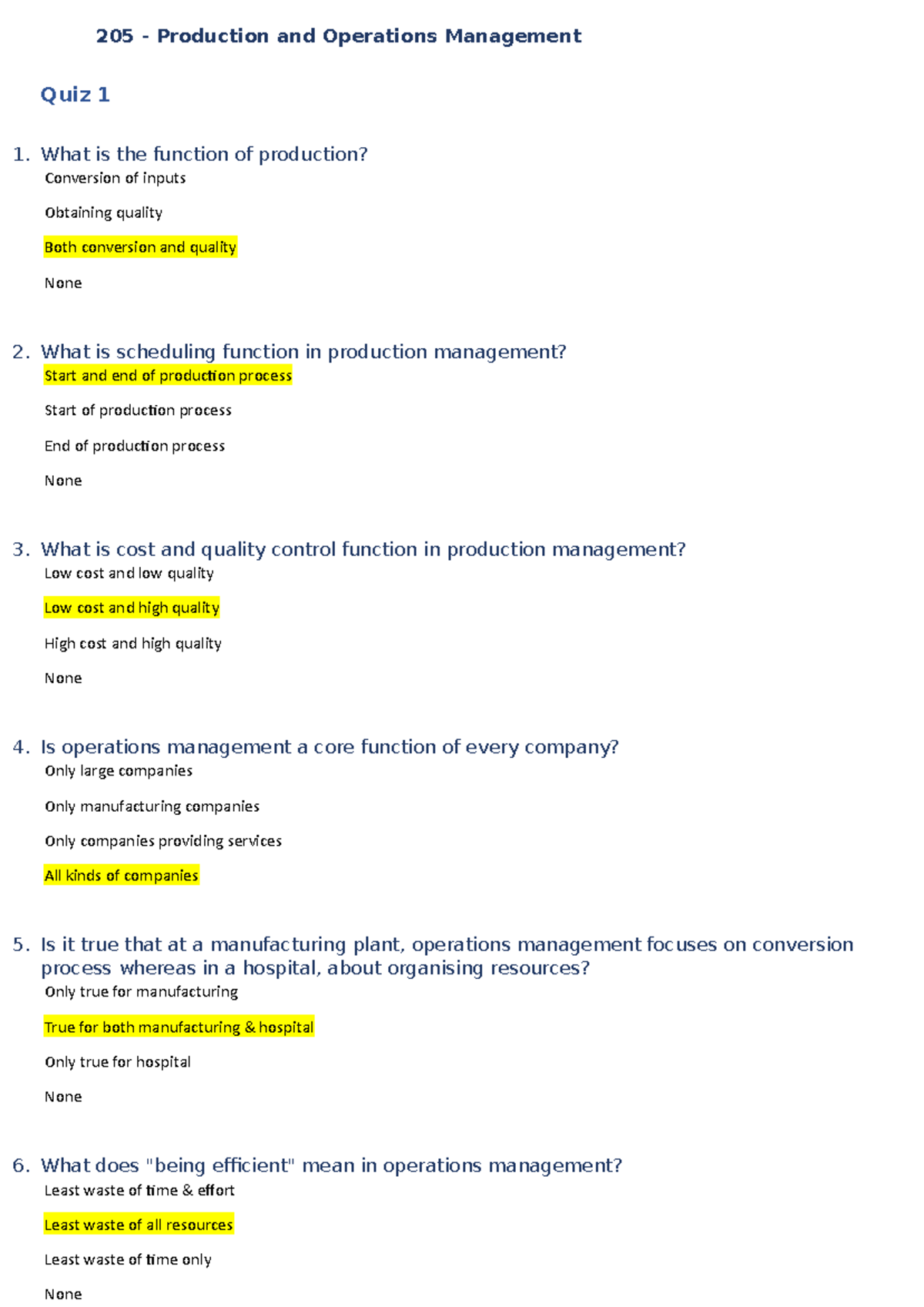 MCQs POM - MCQ - 205 - Production and Operations Management Quiz 1 1 ...
