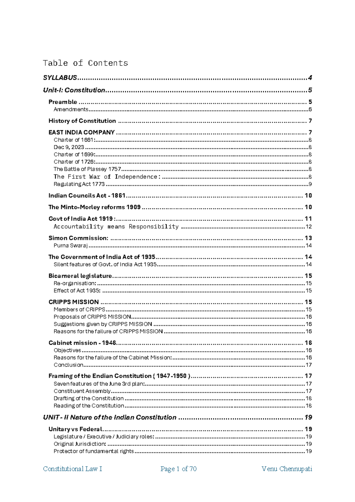 ALC Constitutional Law 1 ALC Notes - Table of Contents SYLLABUS Unit-I ...