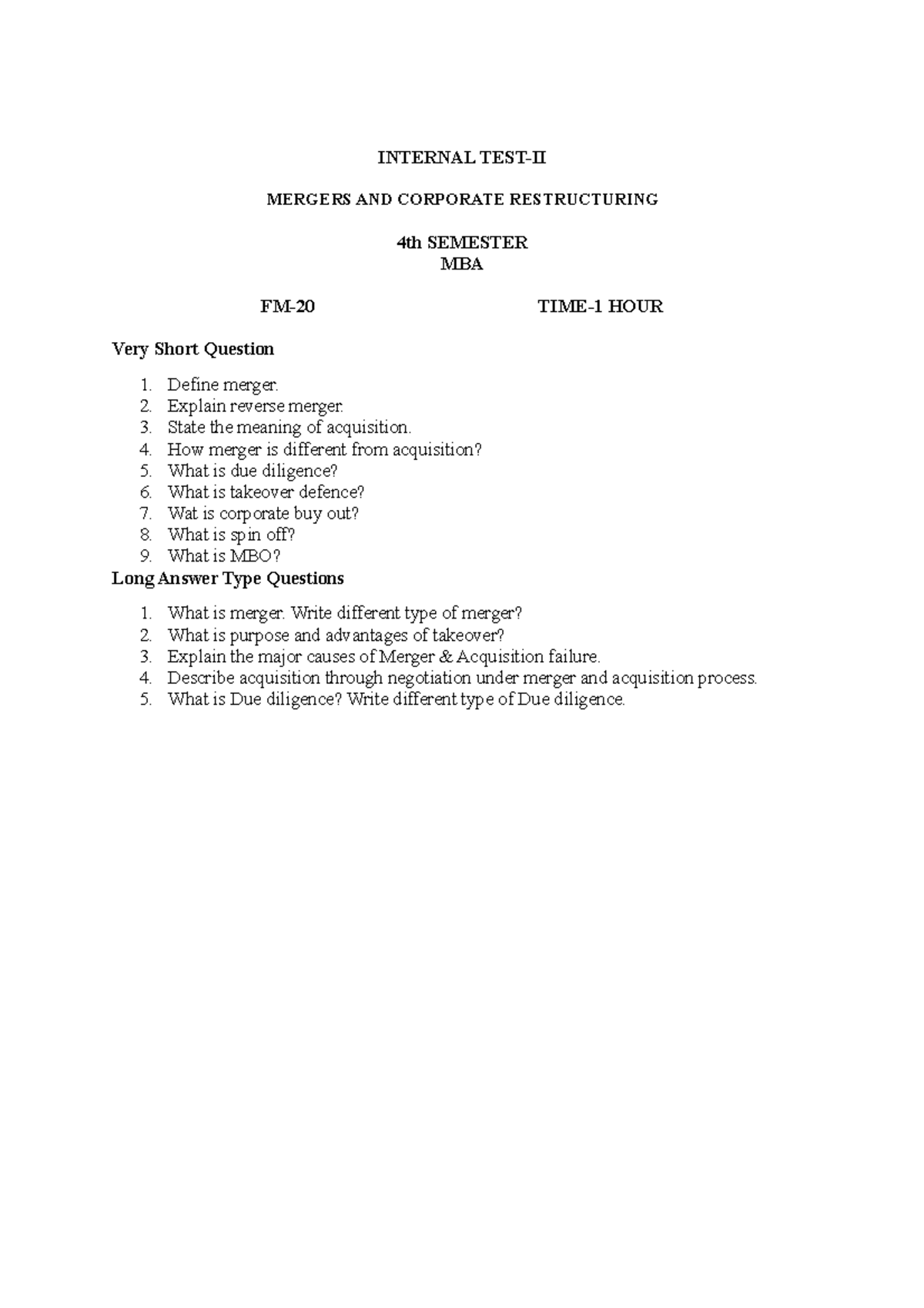 Define merger - INTERNAL TEST-II MERGERS AND CORPORATE RESTRUCTURING ...
