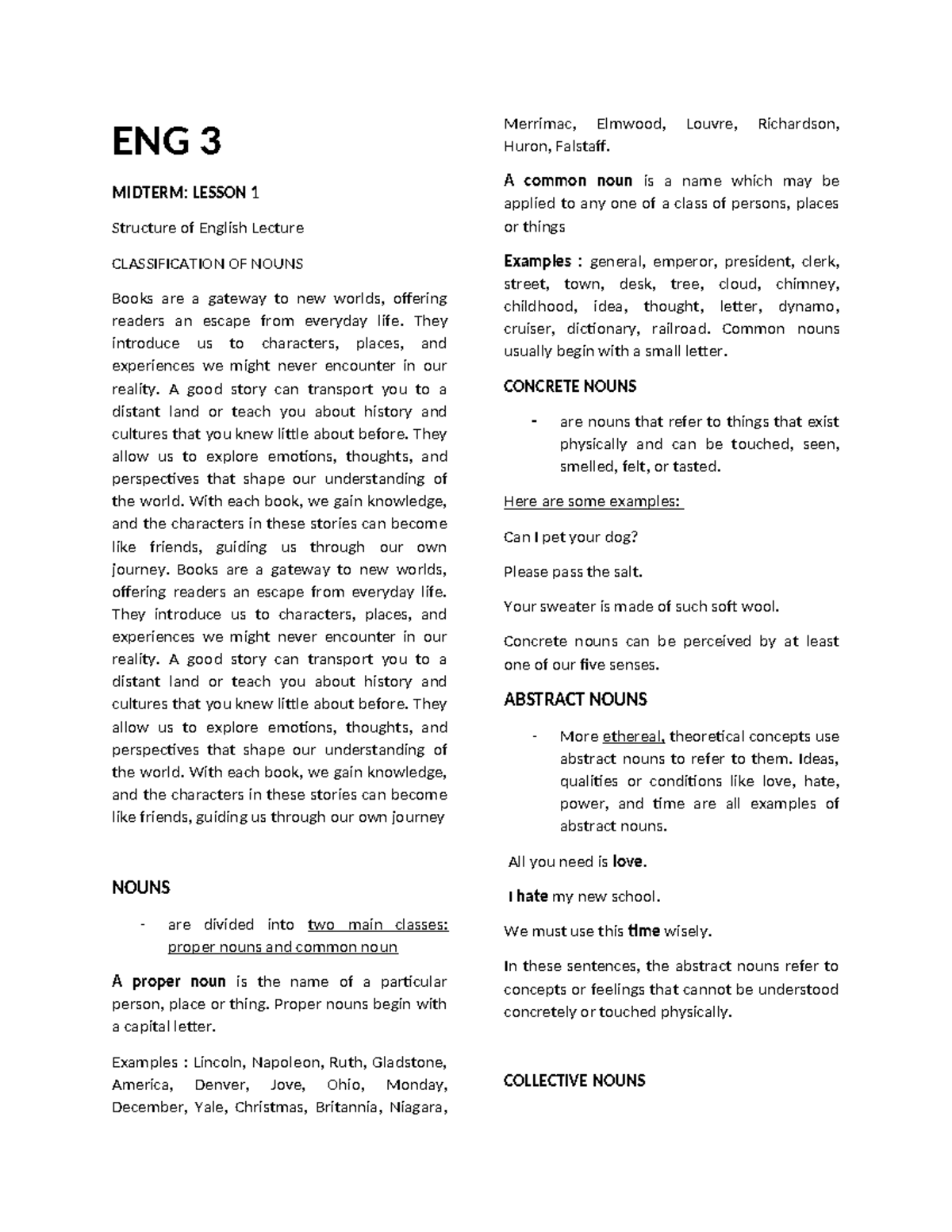 ENG 3 ( Reviewer) - ENG 3 MIDTERM: LESSON 1 Structure of English Lecture CLASSIFICATION OF NOUNS ...