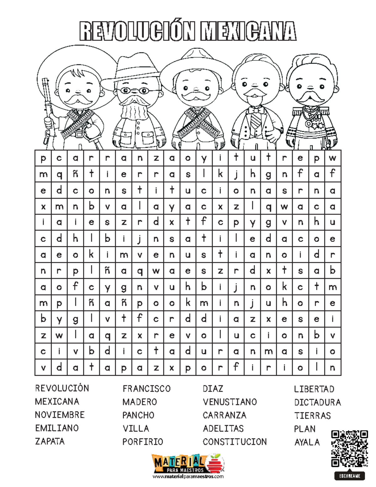 Sopa de letras de la revolución mexicana - p c a r r a n z a o y m q ñ ...