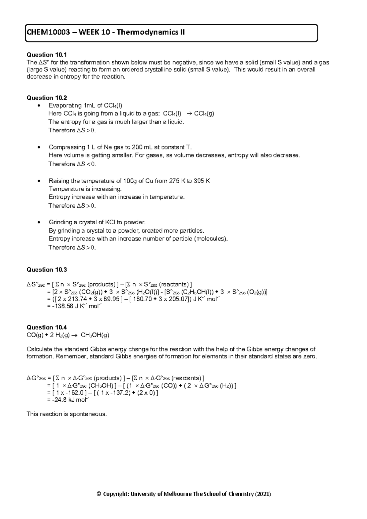 Week 10 CHEM10003 Tutorial Solutions 2021-2 - © Copyright: University ...