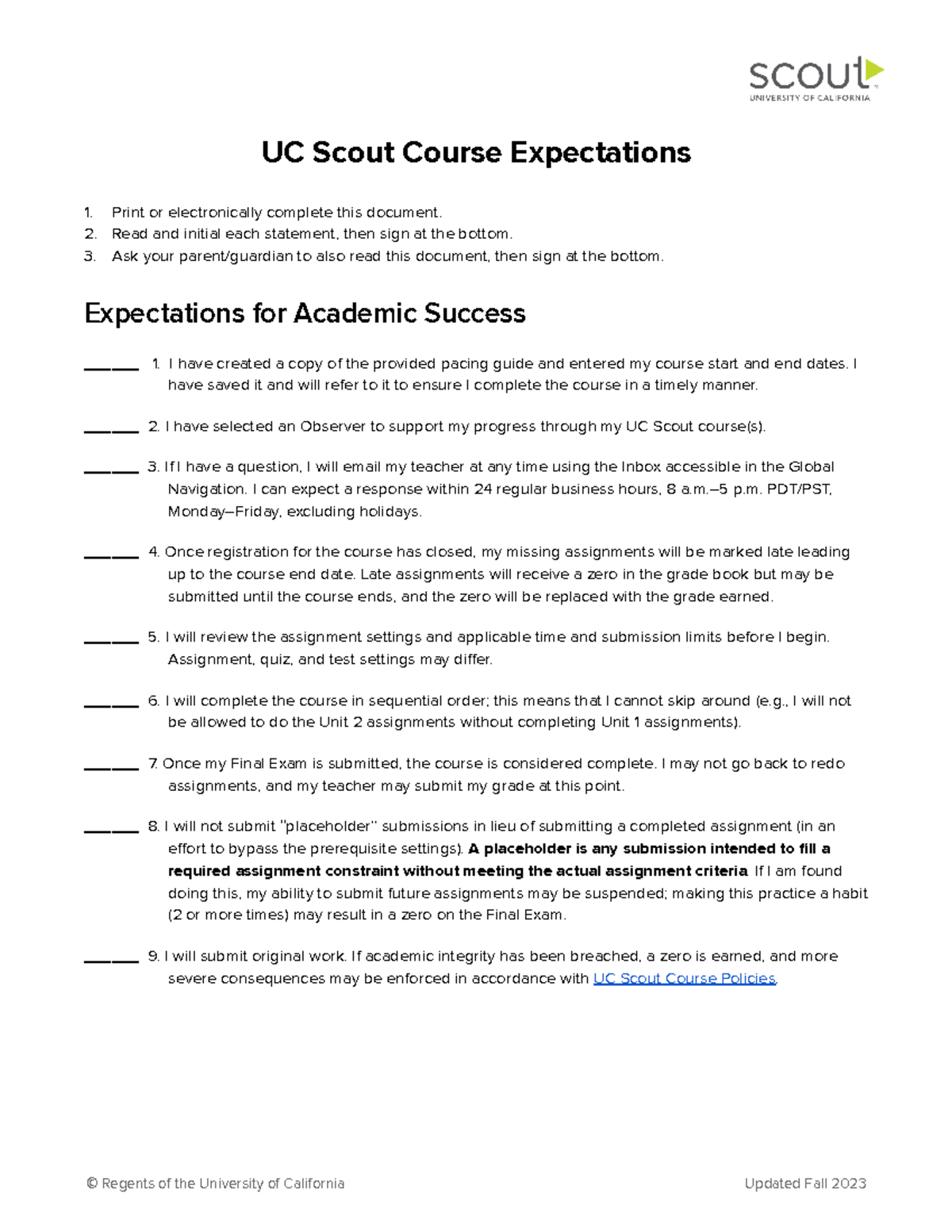 Course Expectations (2023) - UC Scout Course Expectations Print or ...
