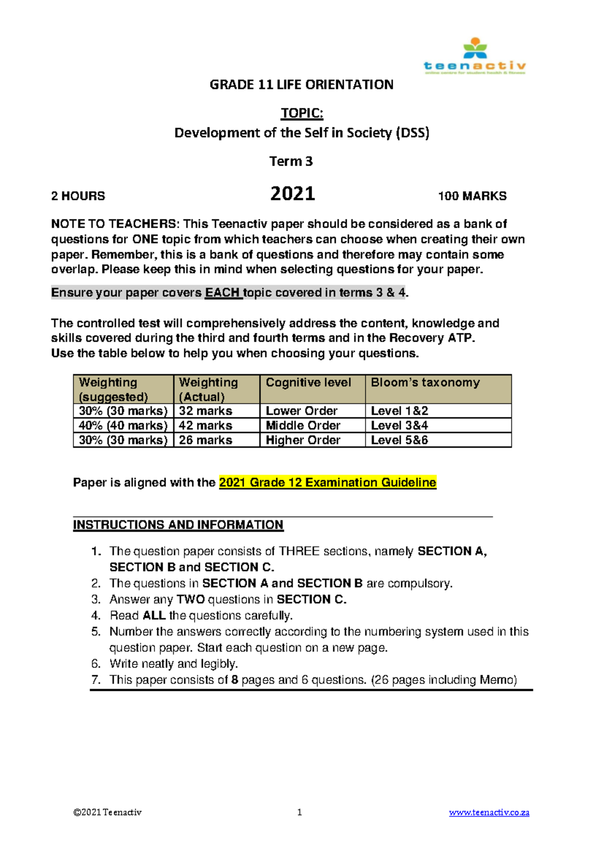 Gr11 T3 DSS Controlled Test Paper MEMO 2021 - GRADE 11 LIFE ORIENTATION ...