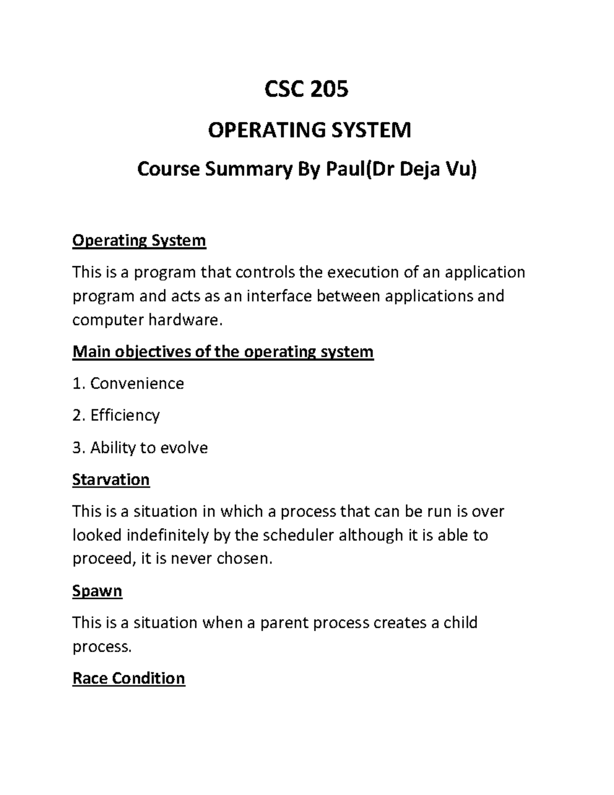 Csc 205 Summary Csc 205 Operating System Course Summary By Pauldr Deja Vu Operating System