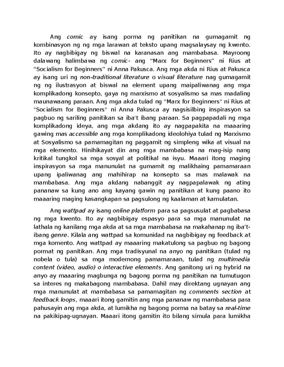 Pag-imbento ng Bagong Porma ng mga Panitikan - Ang comic ay isang porma ...