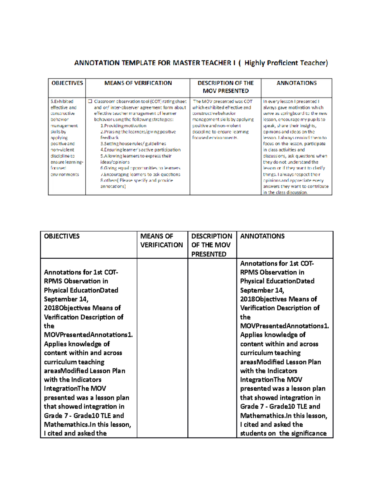 Objectives annotation - OBJECTIVES MEANS OF VERIFICATION DESCRIPTION OF ...