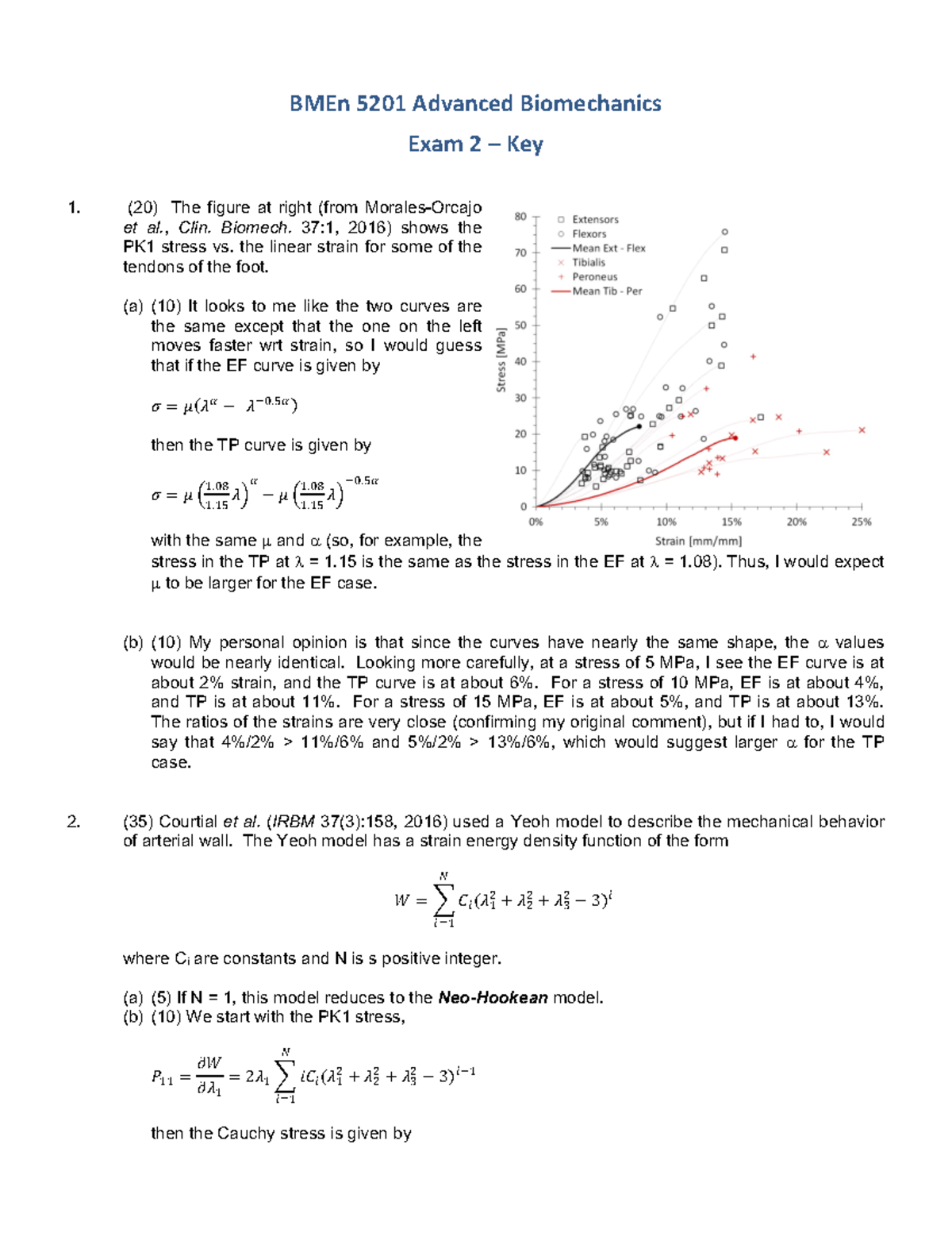Exam 2 F16 Key - Exam 2 F16 Key - BMEn 5201 Advanced Biomechanics Exam ...