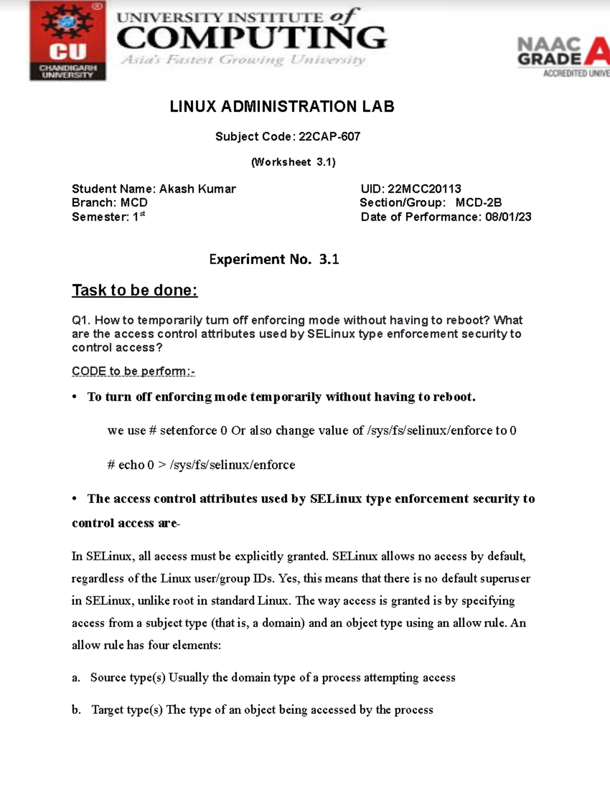 Linux 3 - hhhh - LINUX ADMINISTRATION LAB Subject Code: 22CAP- (Worksheet 3) Student Name: Akash ...