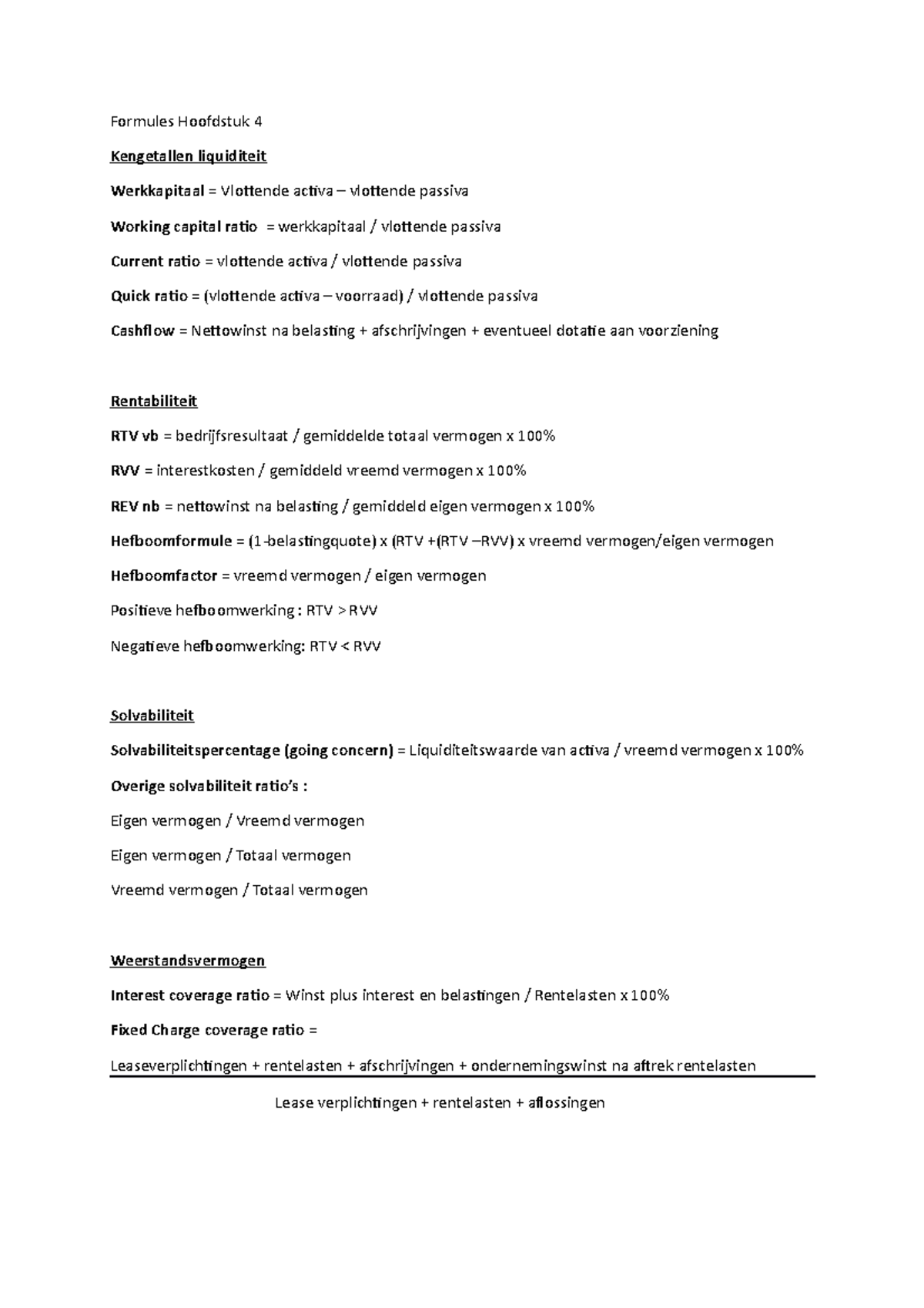 Formules financiering VBA - Formules Hoofdstuk 4 Kengetallen ...