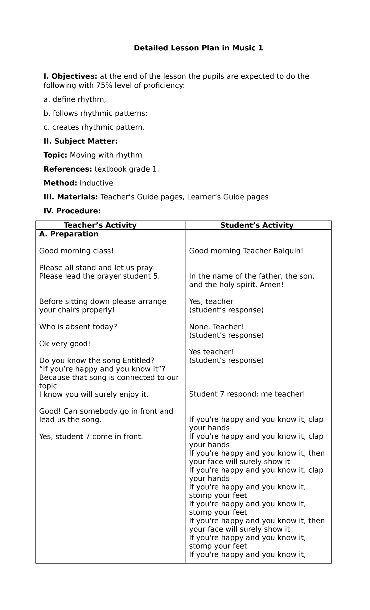 Detailed Lesson Plan in Music Pilar ROSE - Detailed Lesson Plan in ...