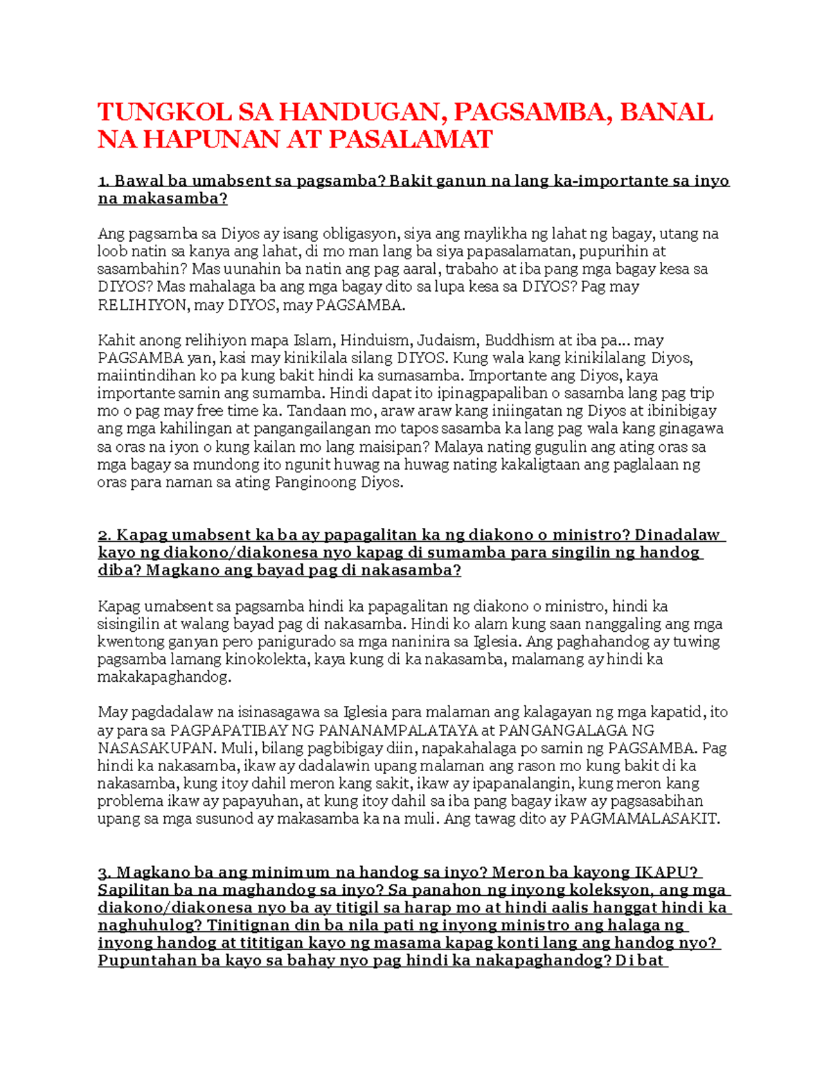Tungkol SA Handugan - Lecture - TUNGKOL SA HANDUGAN, PAGSAMBA, BANAL NA ...