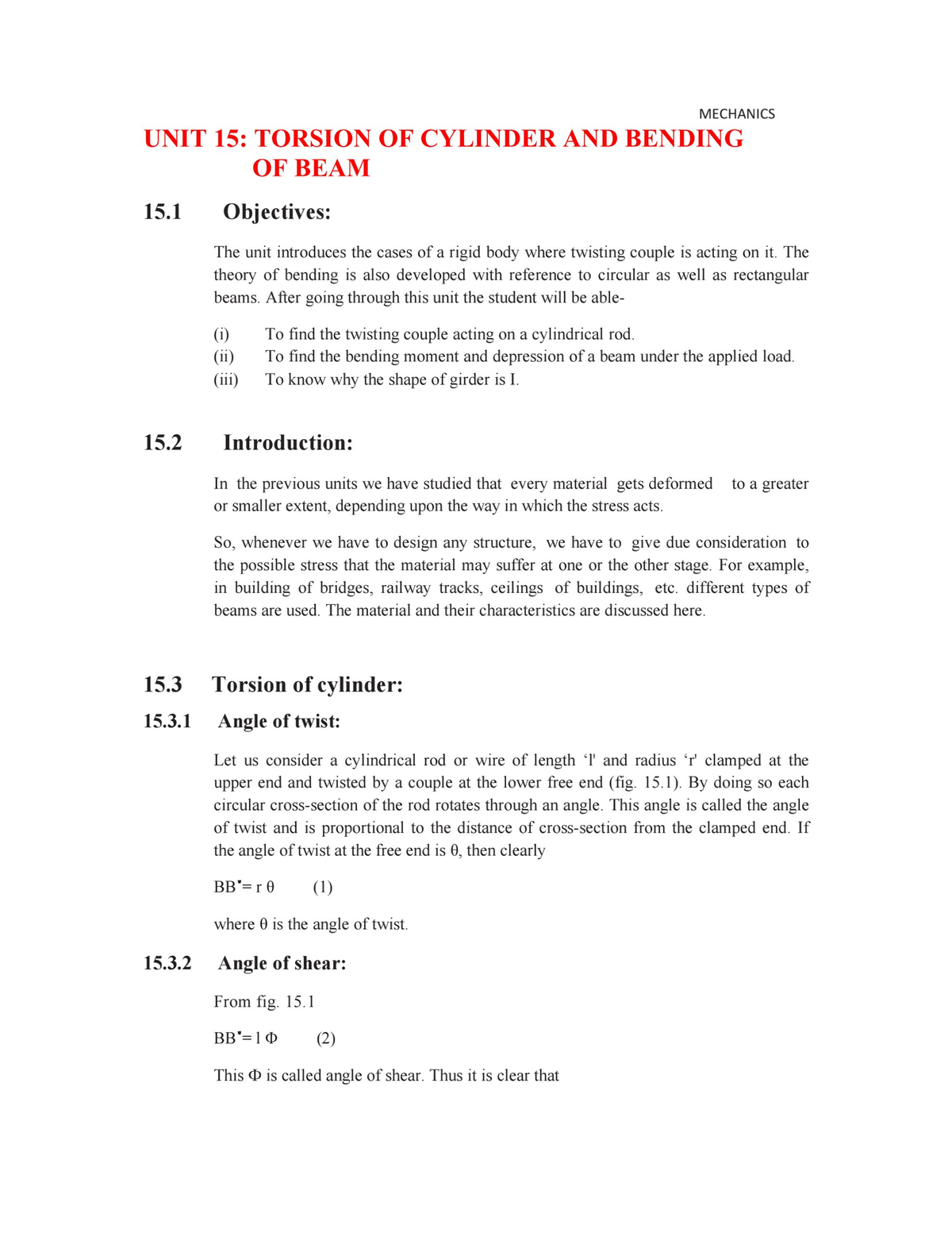 BSC Physics Mechanics 1st Year UNIT 15 - Studocu