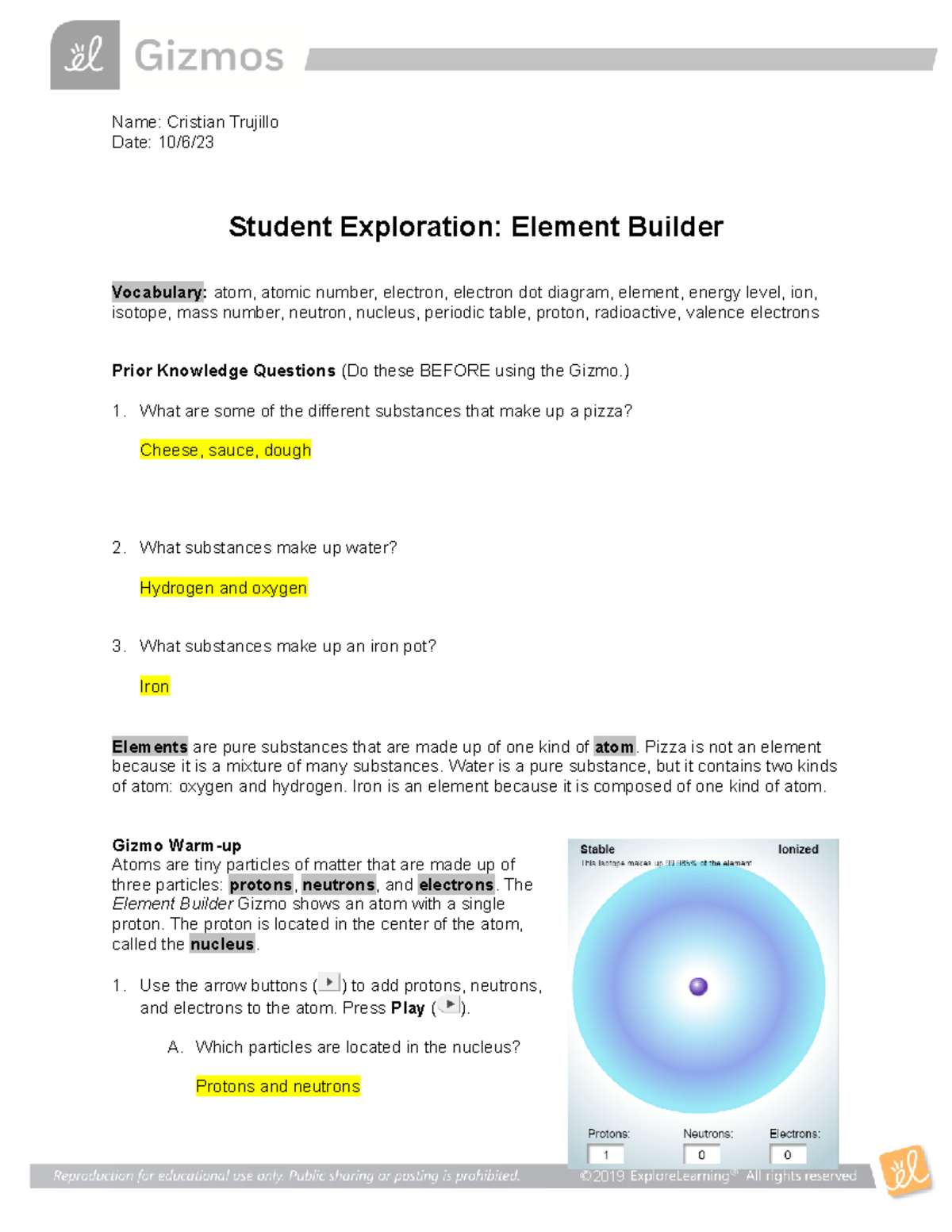 Element Builder SE Cristian Trujillo - Name: Cristian Trujillo Date: 10/6/ Student Exploration ...