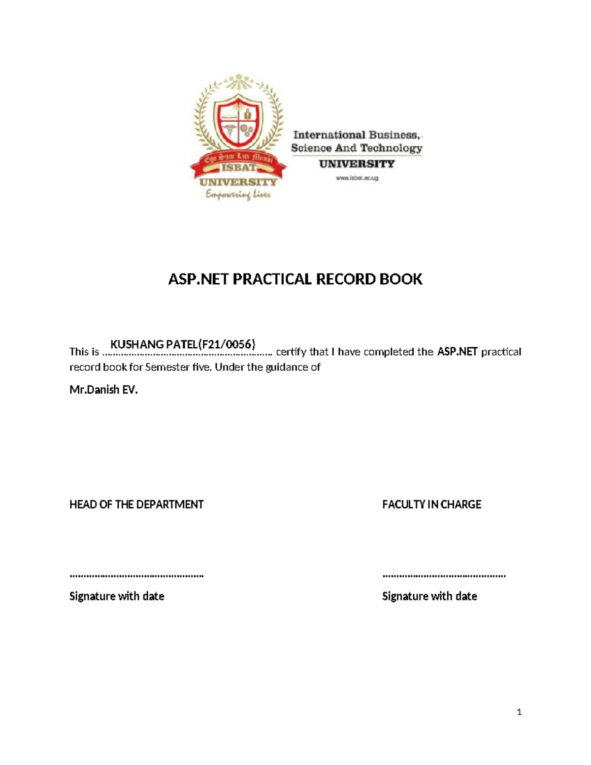 Lab book final - ASP PRACTICAL RECORD BOOK This is - Studocu