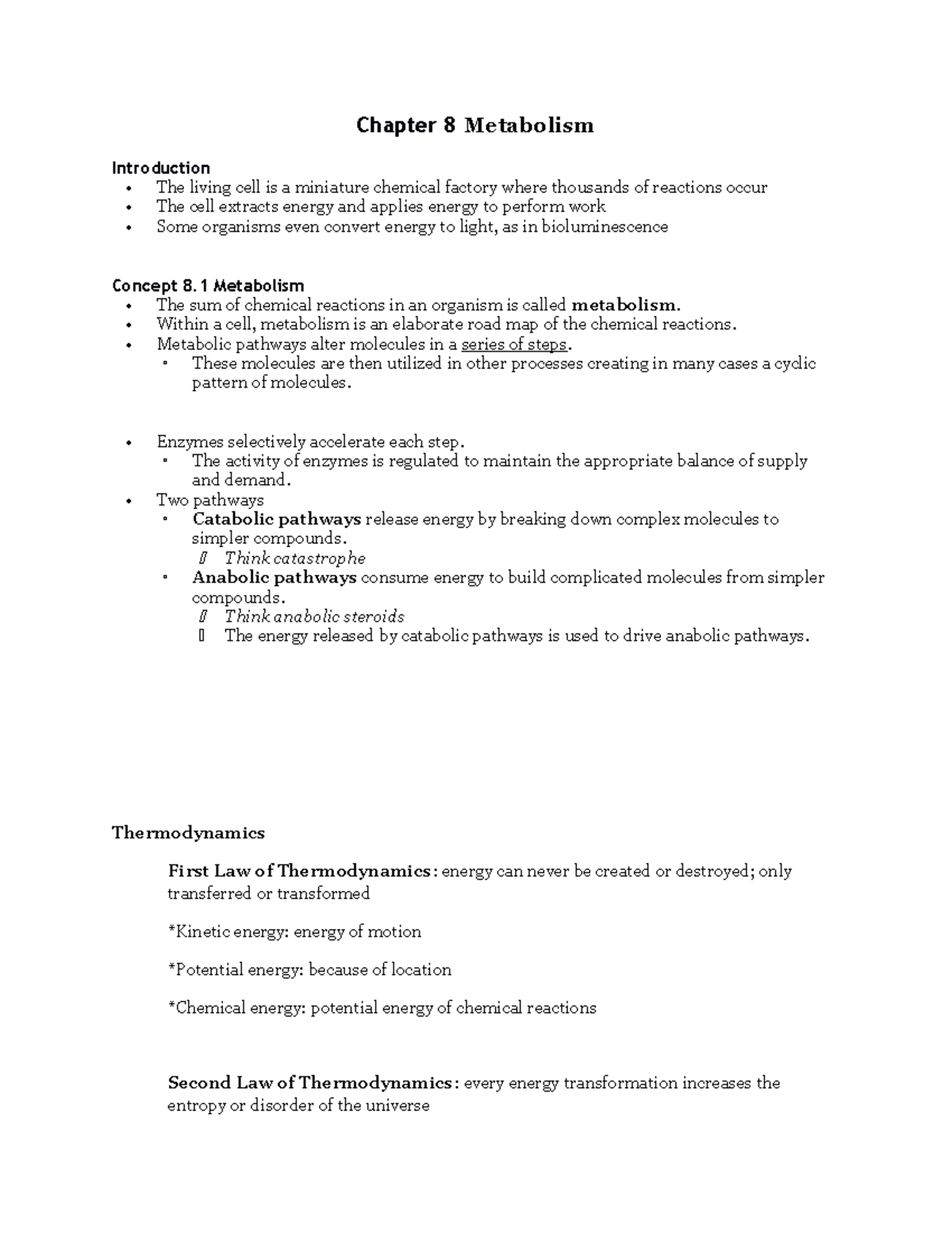 Biology I Chapter 8 - Chapter 8 Metabolism Introduction - The living ...