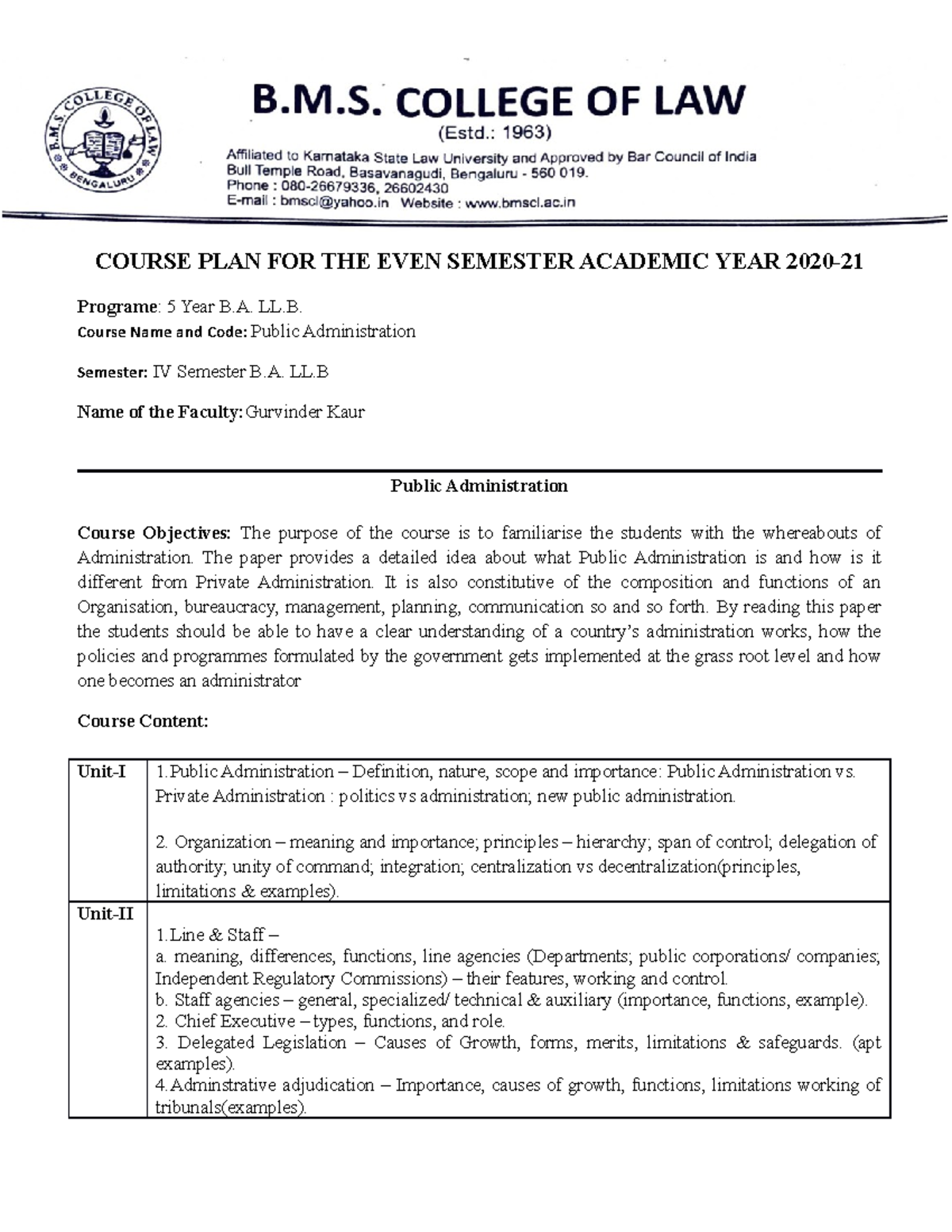 Updated Lesson & Session Plan Public Adminstration - COURSE PLAN FOR ...