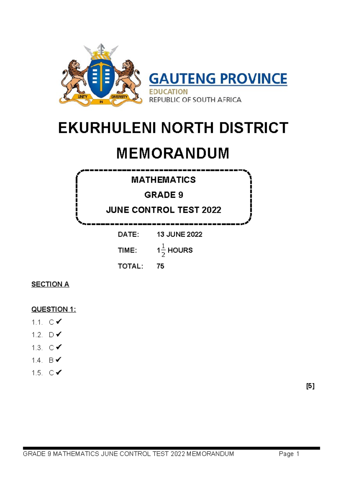 Grade 9 Mathematics June Control Test English Memo - EKURHULENI NORTH ...