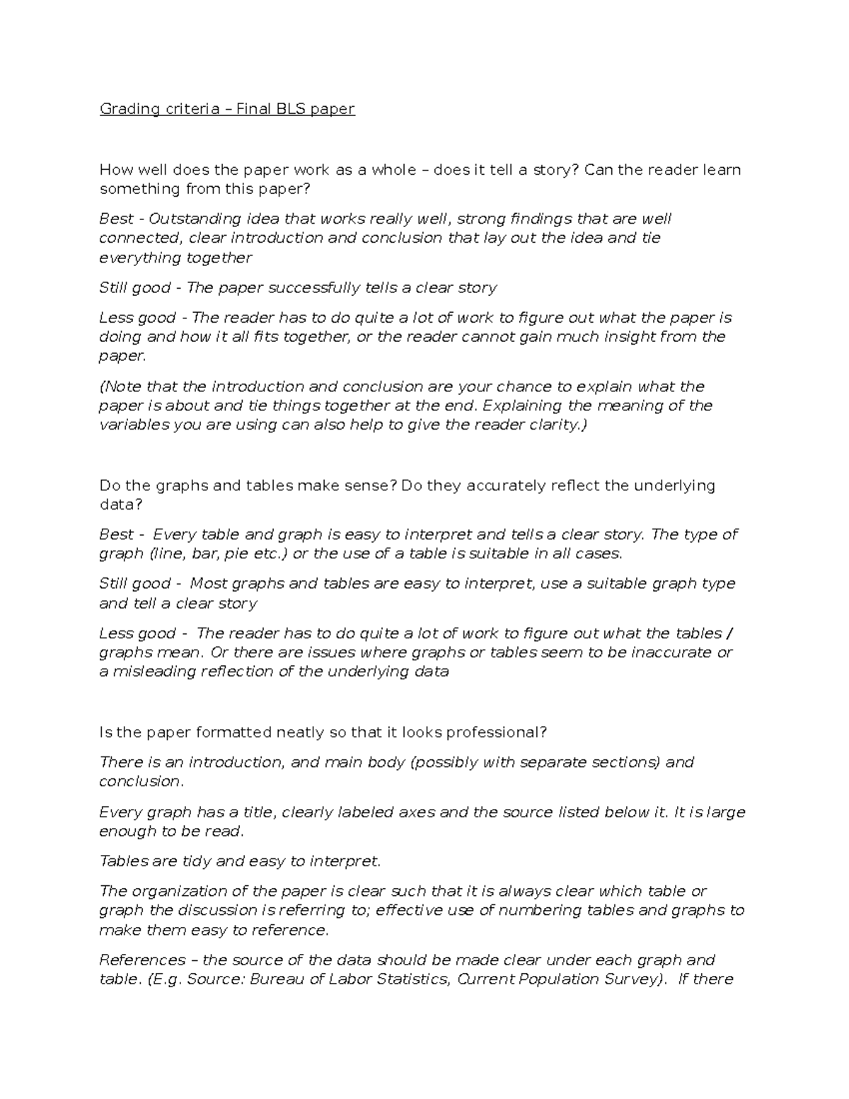 Grading criteria for BLS report - Grading criteria – Final BLS paper ...