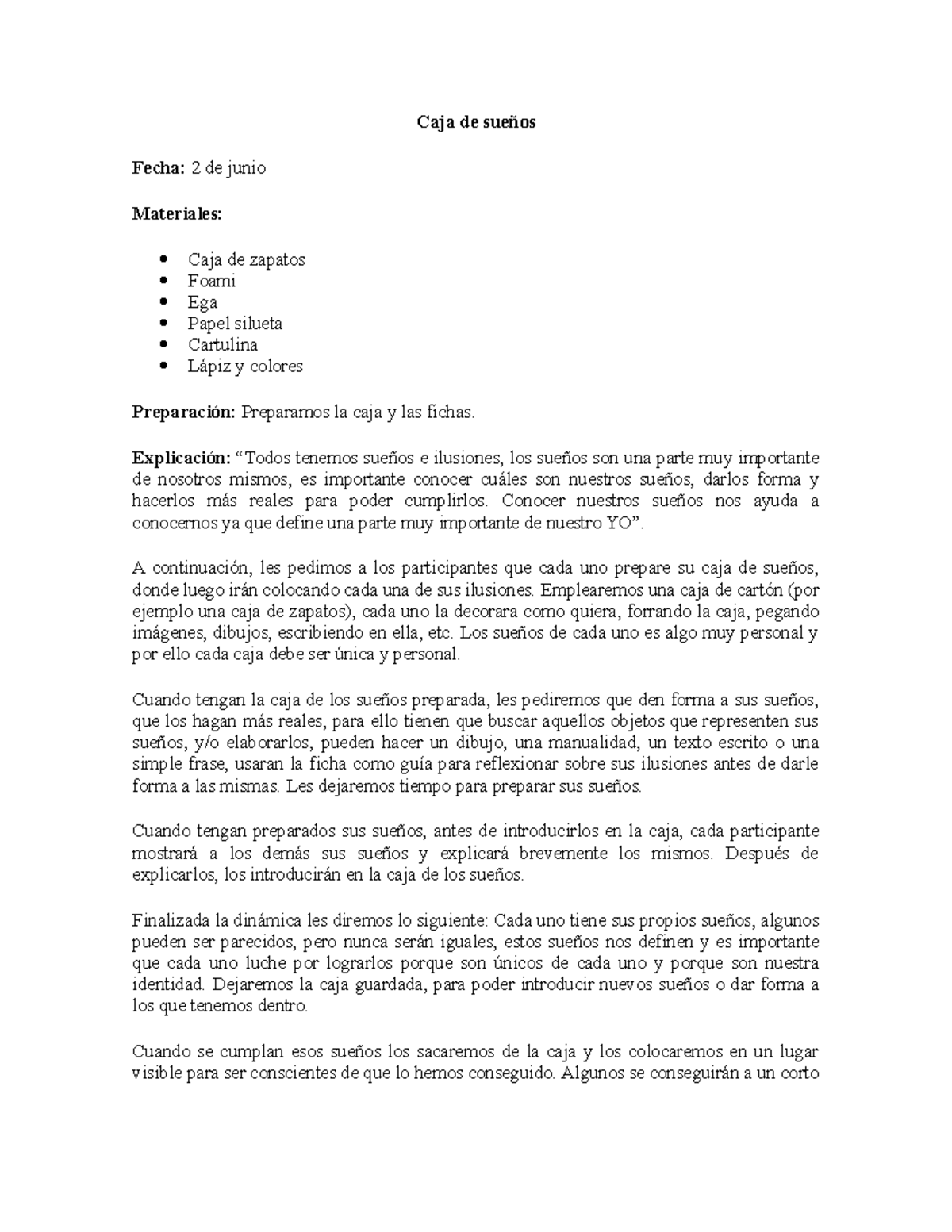 Caja de sueños - mbjhj - Caja de sueños Fecha: 2 de junio Materiales ...