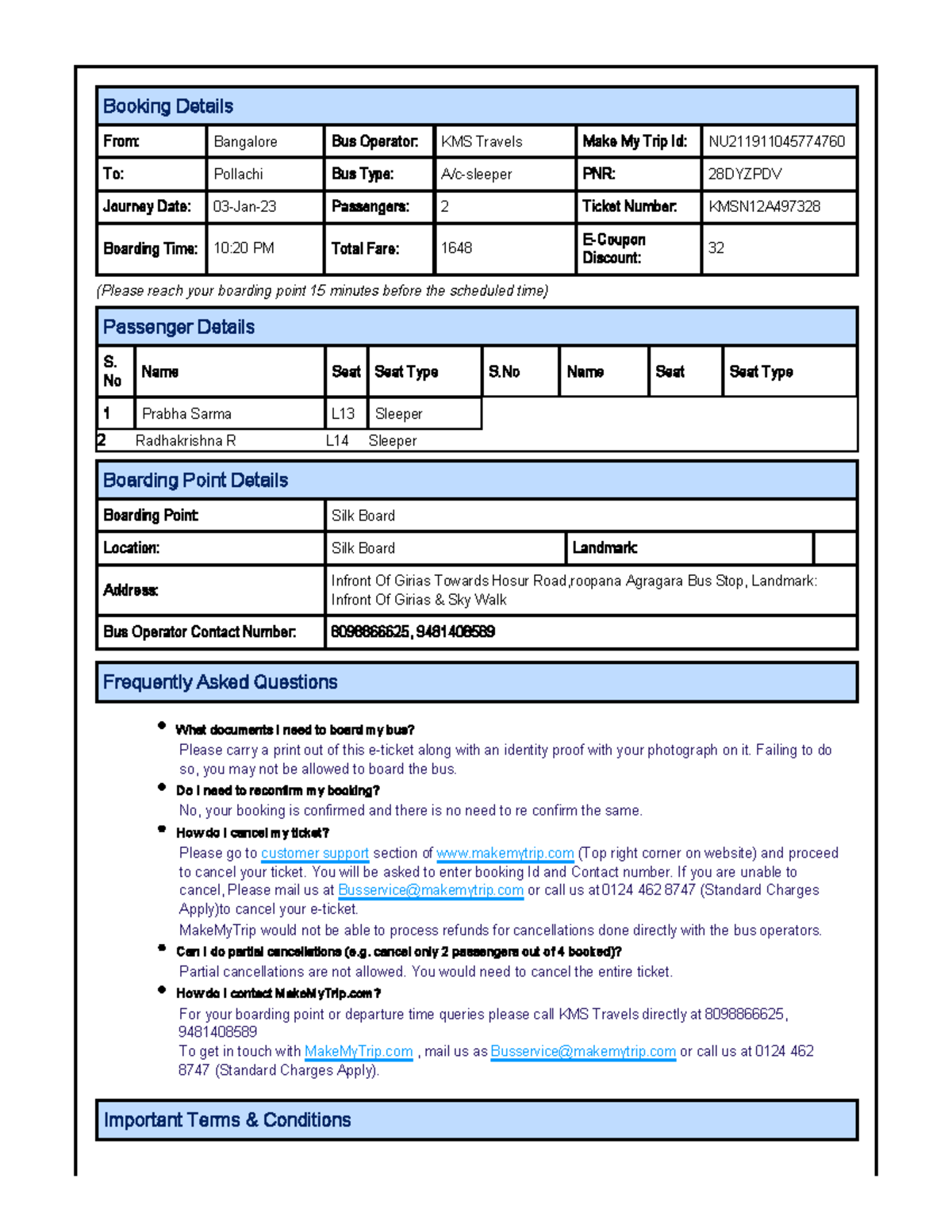 Bus ETicket NU211911045774760 - Booking Details From: Bangalore Bus ...