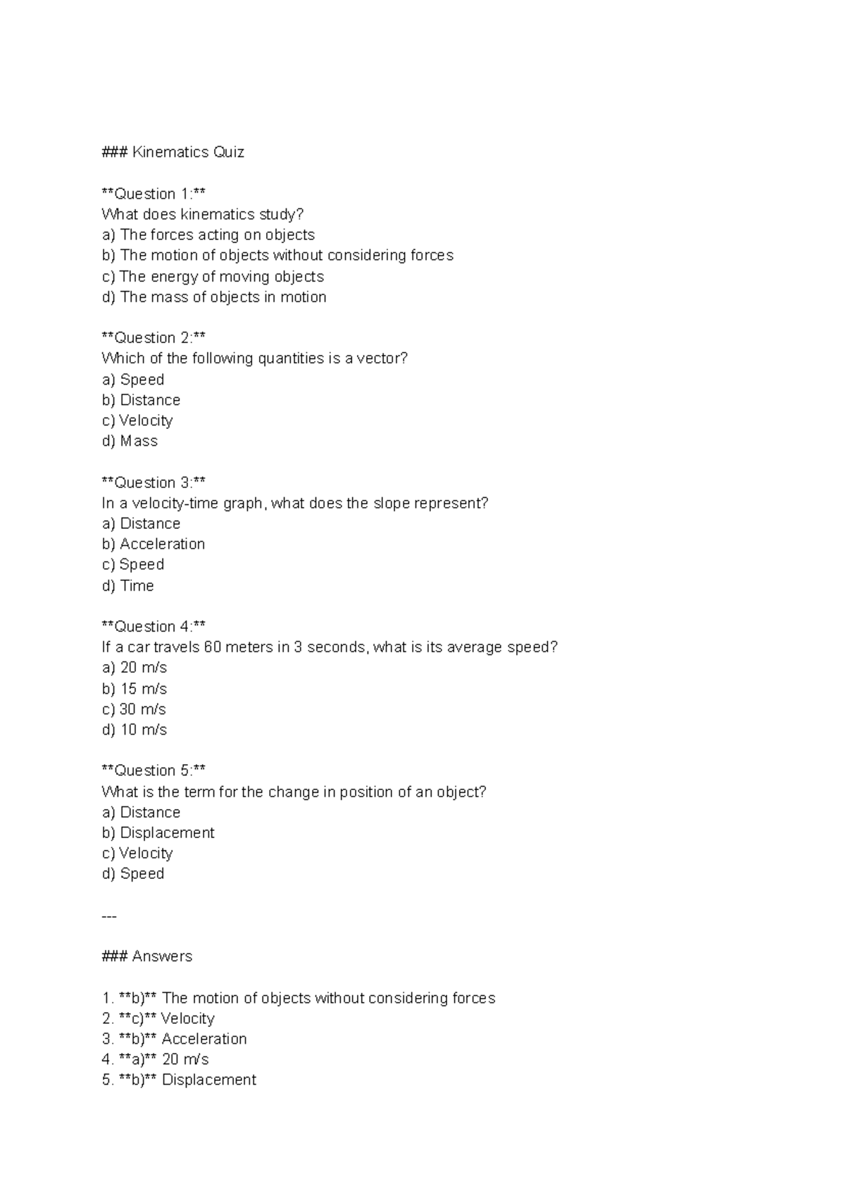 Kinematics Quiz review - Kinematics Quiz Question 1: What does ...