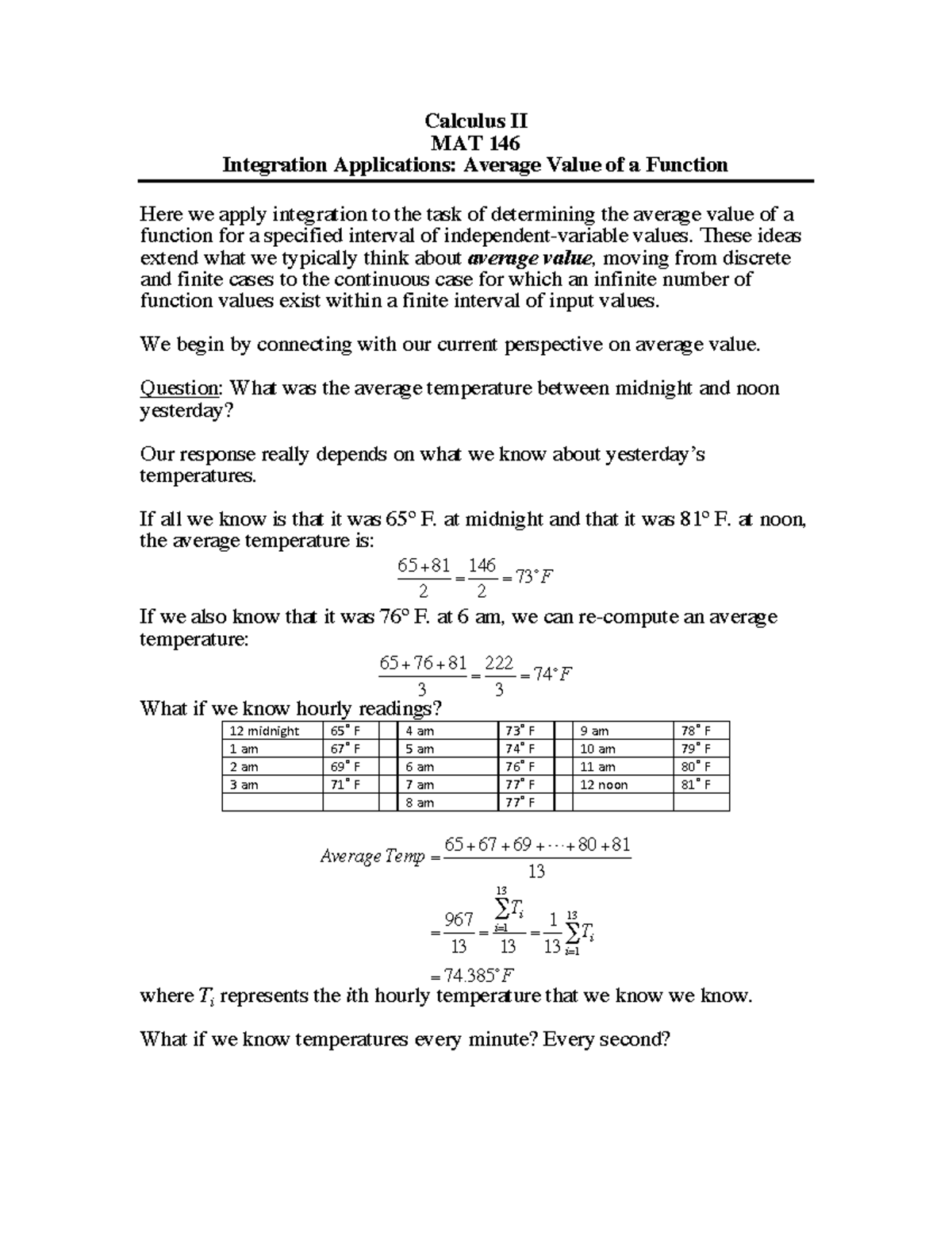 Ch06sec05intapsavgval - Calculus II MAT 146 Integration Applications ...