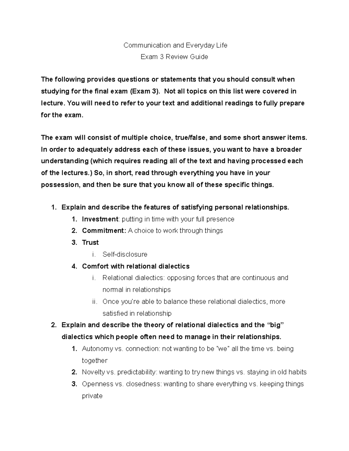COMS 203 Exam #3 Study Guide - Communication and Everyday Life Exam 3 ...