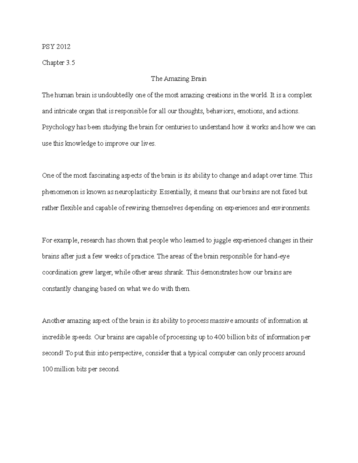 The Amazing Brain Summary - PSY 2012 Chapter 3. The Amazing Brain The ...