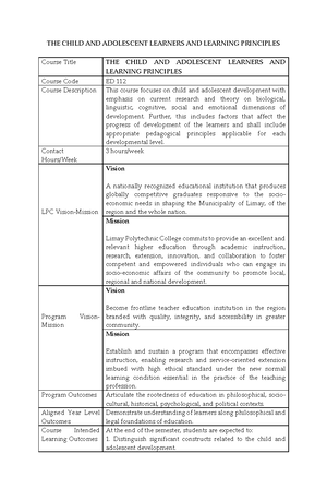 I. Nature and Principles of Development - THE CHILD AND ADOLESCENT LEARNERS AND LEARNING ...