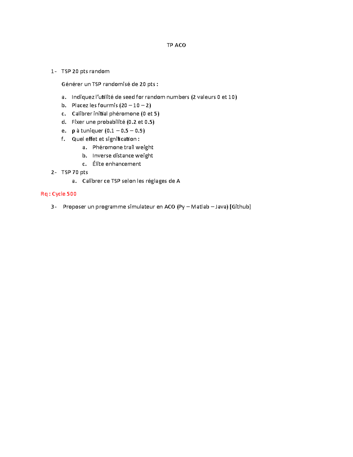 TP 5 ACO - TP ACO 1- TSP 20 pts random Générer un TSP randomisé de 20 pts : a. Indiquez l ...