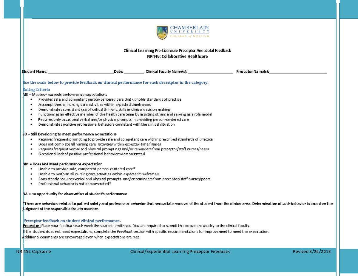 NR446 Clinical Learning Pre Licensure Preceptor Anecdotal Feedback form ...