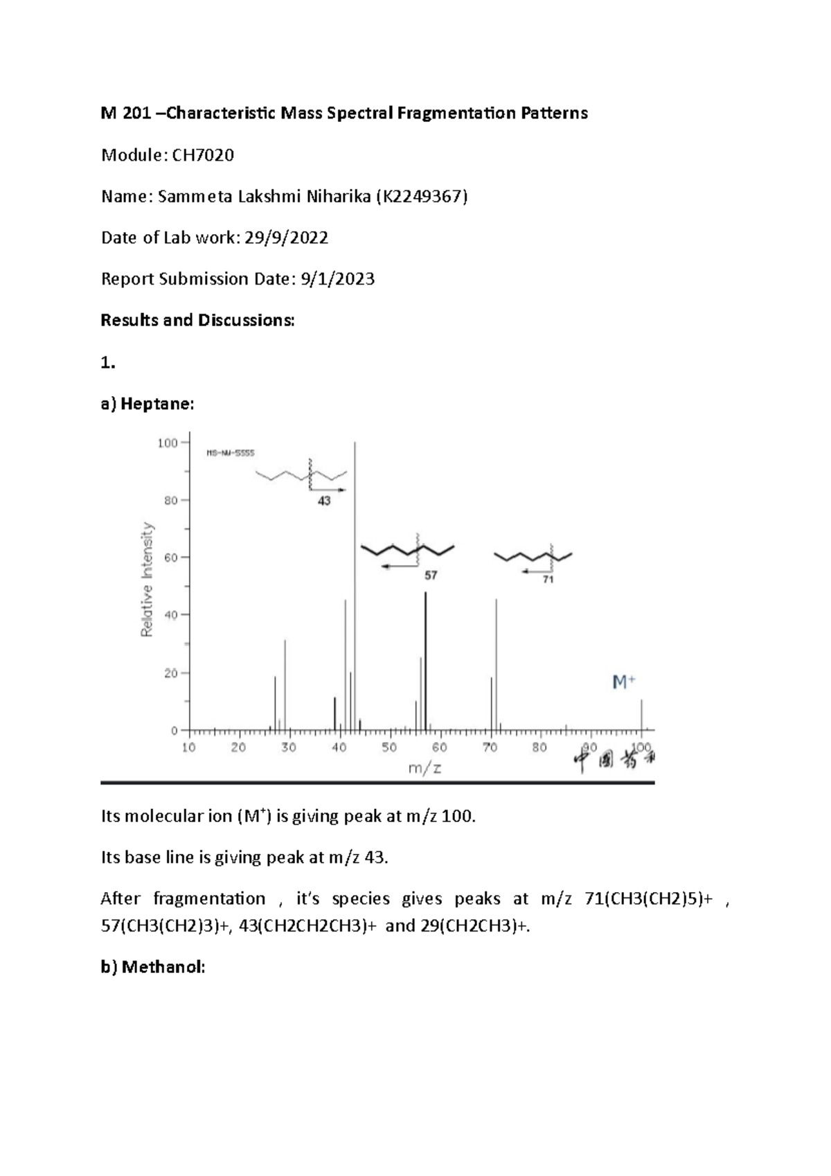 M 201 - organic chemistry assignment - M 201 –Characteristic Mass ...