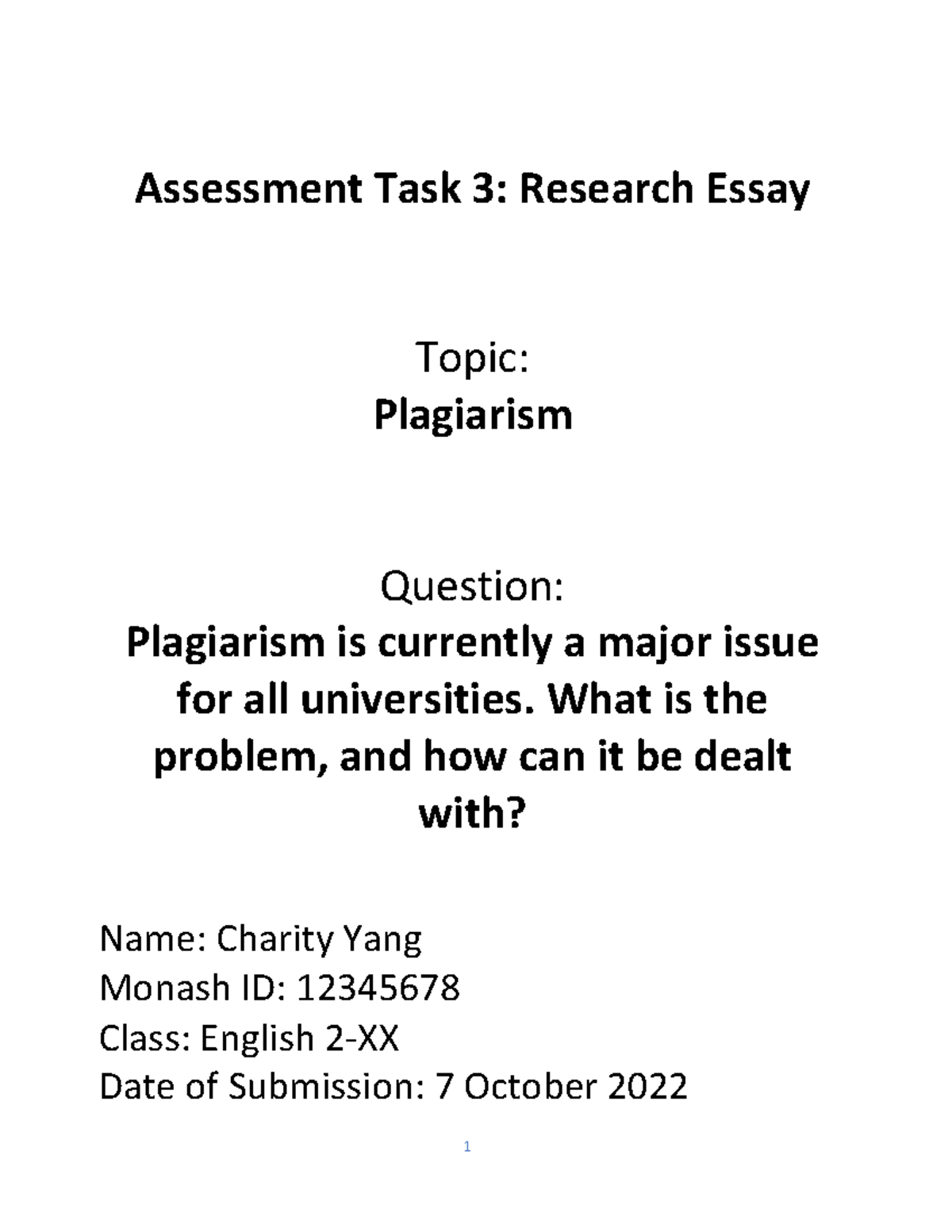 Research Essay (Sample) - Plagiarism - Assessment Task 3: Research ...