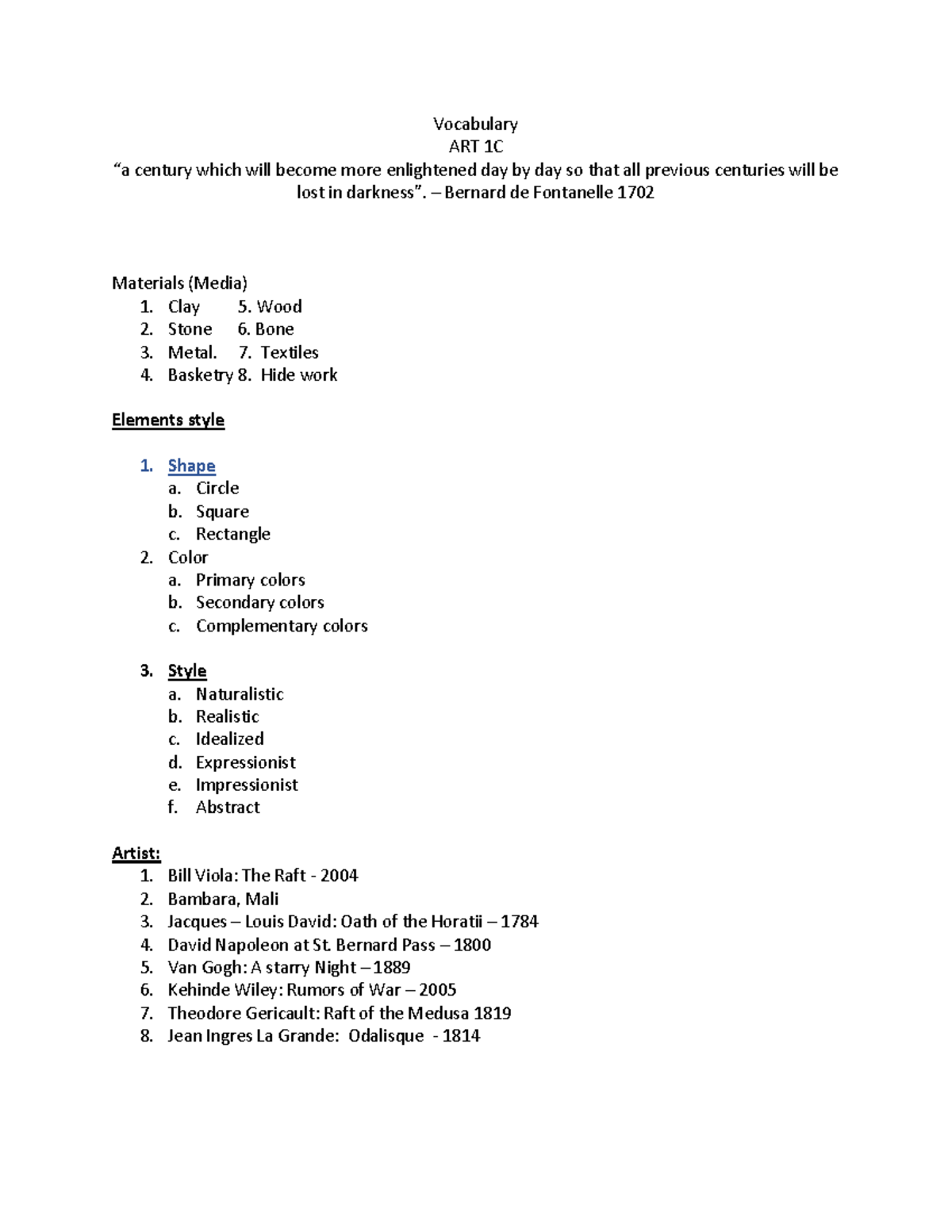 Vocabulary - Vocabulary ART 1C “a century which will become more ...