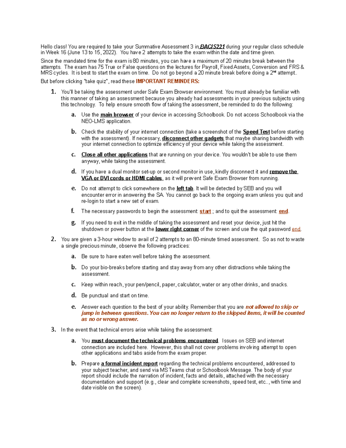 Reminders for SA3 using SEB - Hello class! You are required to take ...