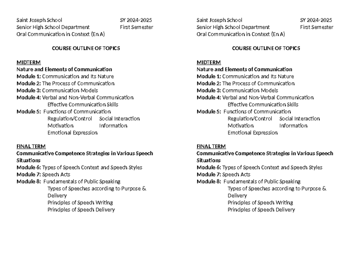 Course Outline of Topics Oral Com - Saint Joseph School SY 2024- Senior ...