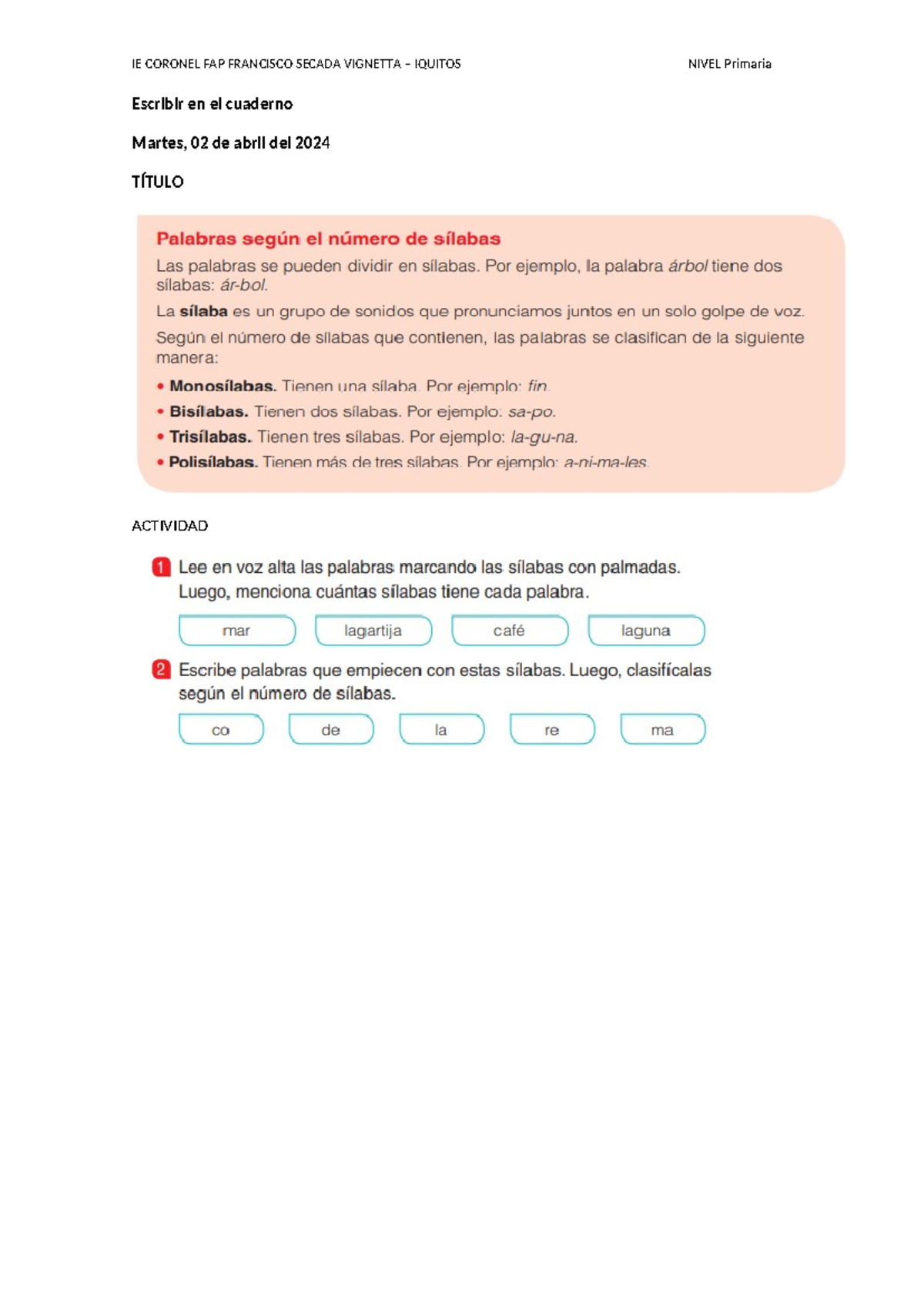 Ficha de actividades 5ta semana - Escribir en el cuaderno Martes, 02 de ...