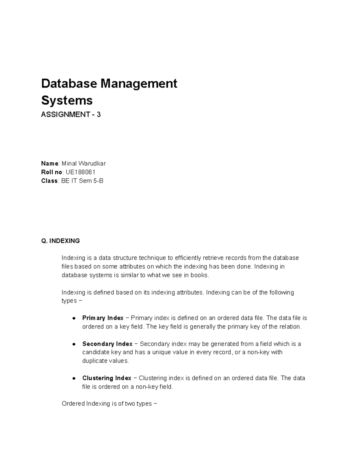Dbms Assignment 3 Notes For Btech Database Management Systems Assignment 3 Name Minal
