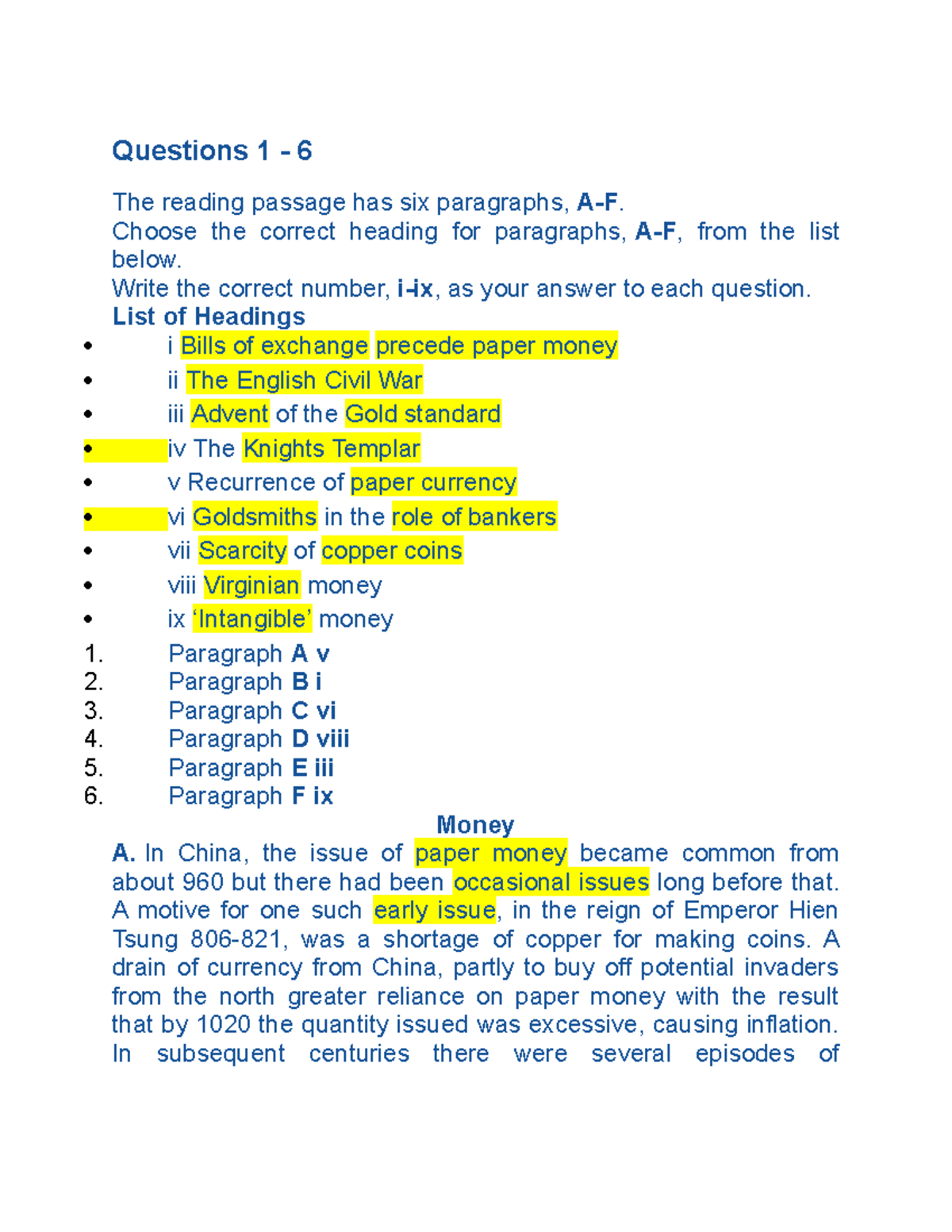 Matching Heading 3 - ffff - Questions 1 - 6 The reading passage has six ...