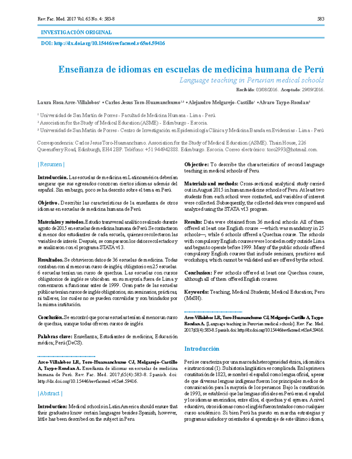 Enseñanza de idiomas en escuelas de medicina humana de Perú - Rev. Fac ...